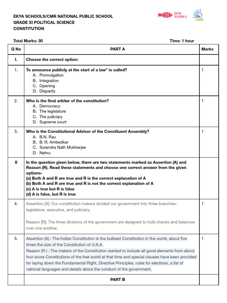 Grade XI Political Science: Indian Constitution Quiz | PDF | Separation ...