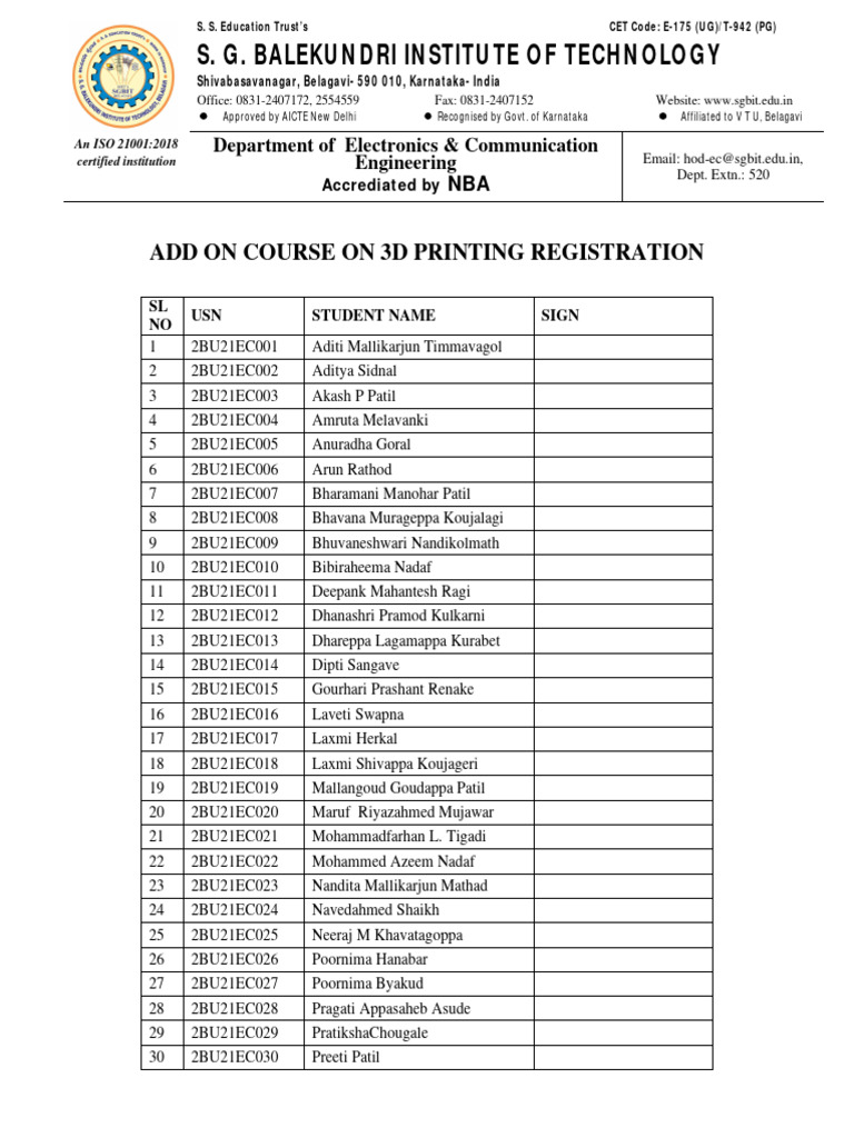 3D Printing Course Registration List | PDF