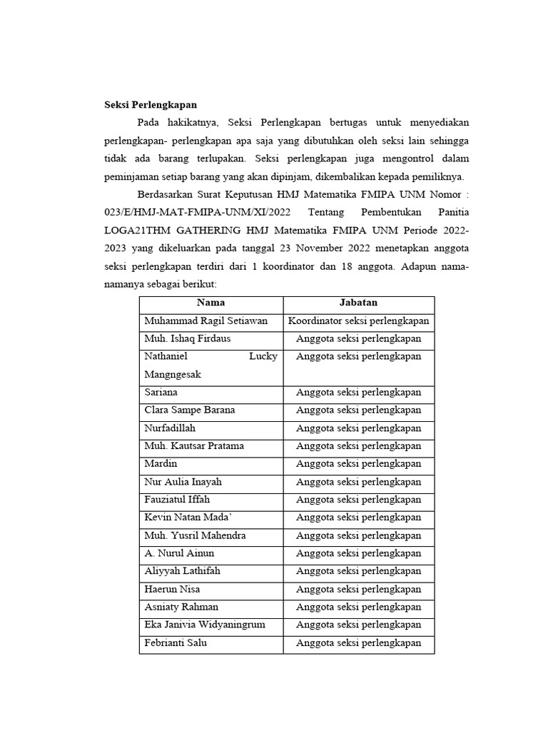 Seksi Perlengkapan | PDF