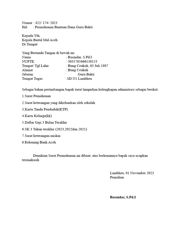 Surat Permohonan Baitul Mal | PDF Surat Permohonan Baitul Mal | PDF