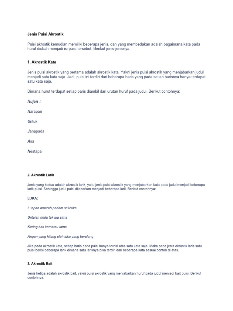 Jenis-Jenis Puisi Akrostik | PDF | Seni & Disiplin Bahasa
