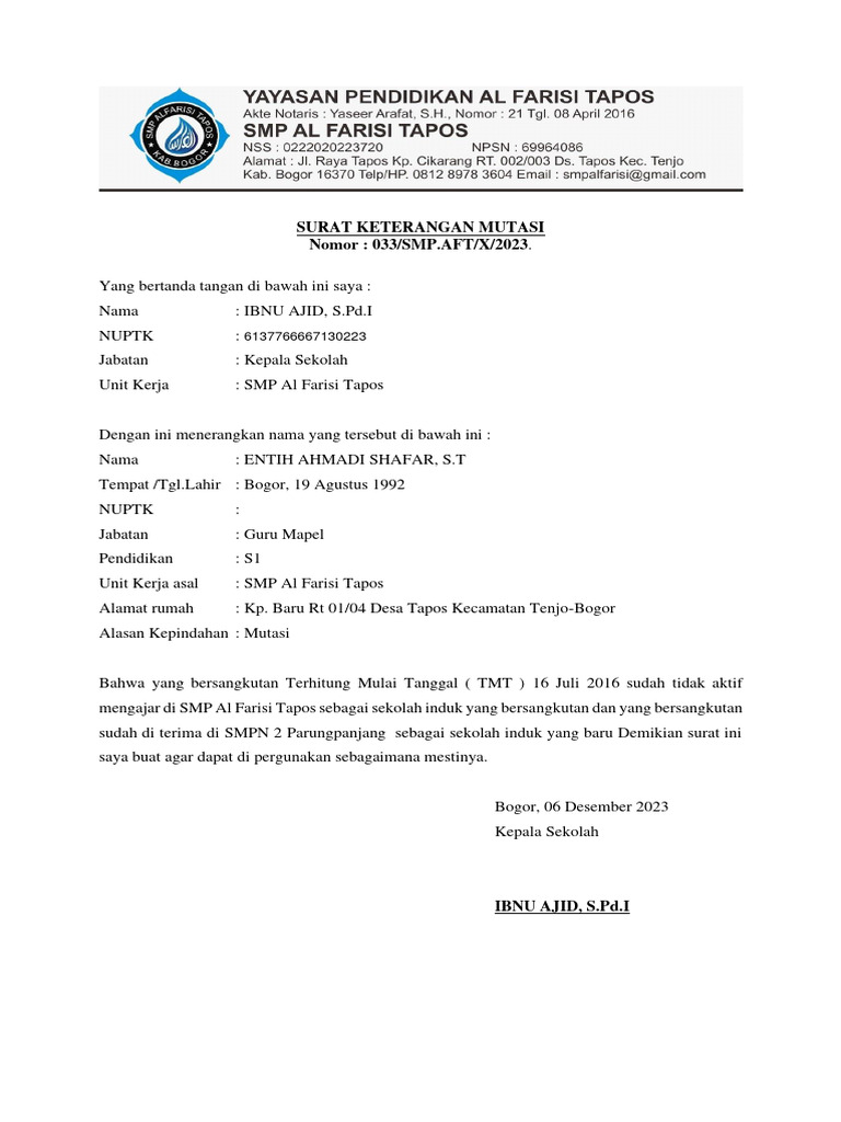 Surat Mutasi Guru | PDF