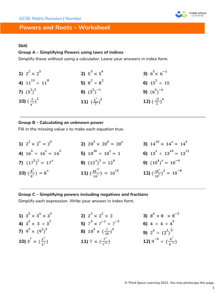 Powers and Roots GCSE Worksheet | PDF | Mathematics
