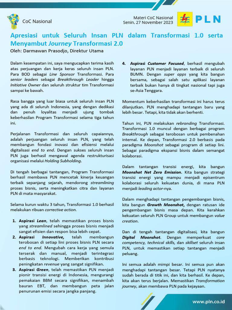 Materi CoC Nasional - APRESIASI UNTUK SELURUH INSAN PLN DALAM TRANSFORMASI 1.0 SERTA MENYAMBUT ...