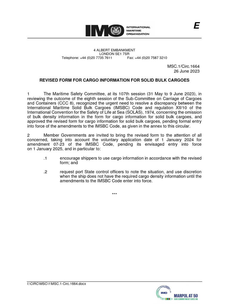 MSC.1-Circ.1664 - Revised Form For Cargo Information For Solid Bulk ...