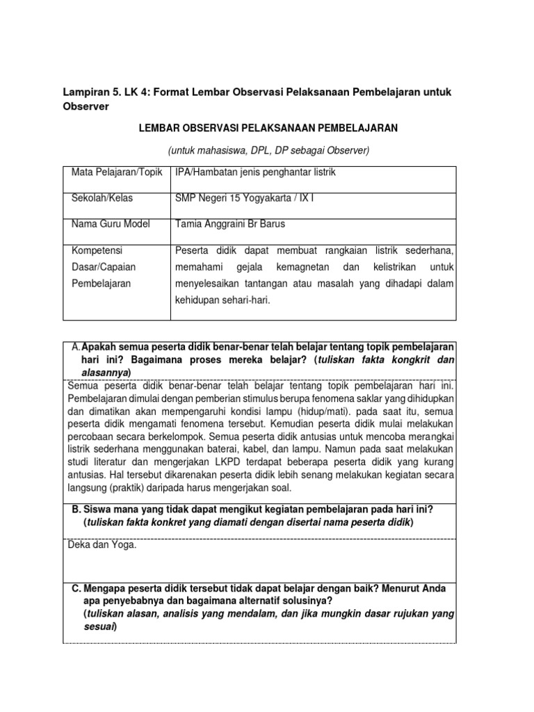 Siklus 1 Lampiran 5. LK 4 Format Lembar Observasi Pelaksanaan Pembelajaran Siklus 1 | PDF