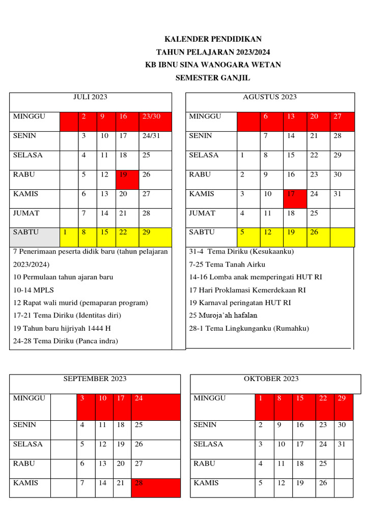 Contoh Kalender Pendidikan Paud 2023-2024 | PDF