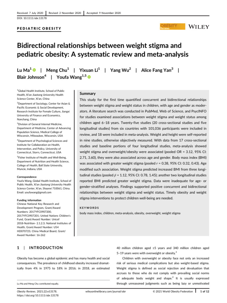 Bidirectional Relationships Between Weight Stigma and Pediatric Obesity ... Bidirectional Relationships Between Weight Stigma and Pediatric Obesity ...