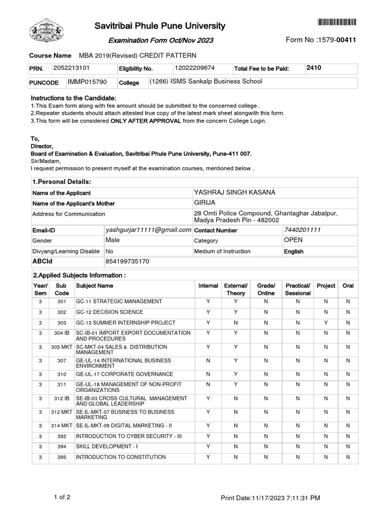 ExamForm 3rd SEM | PDF