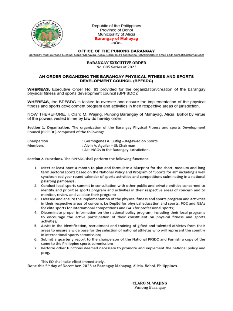 Barangay Sports Development Council Order | PDF | Government | Governance