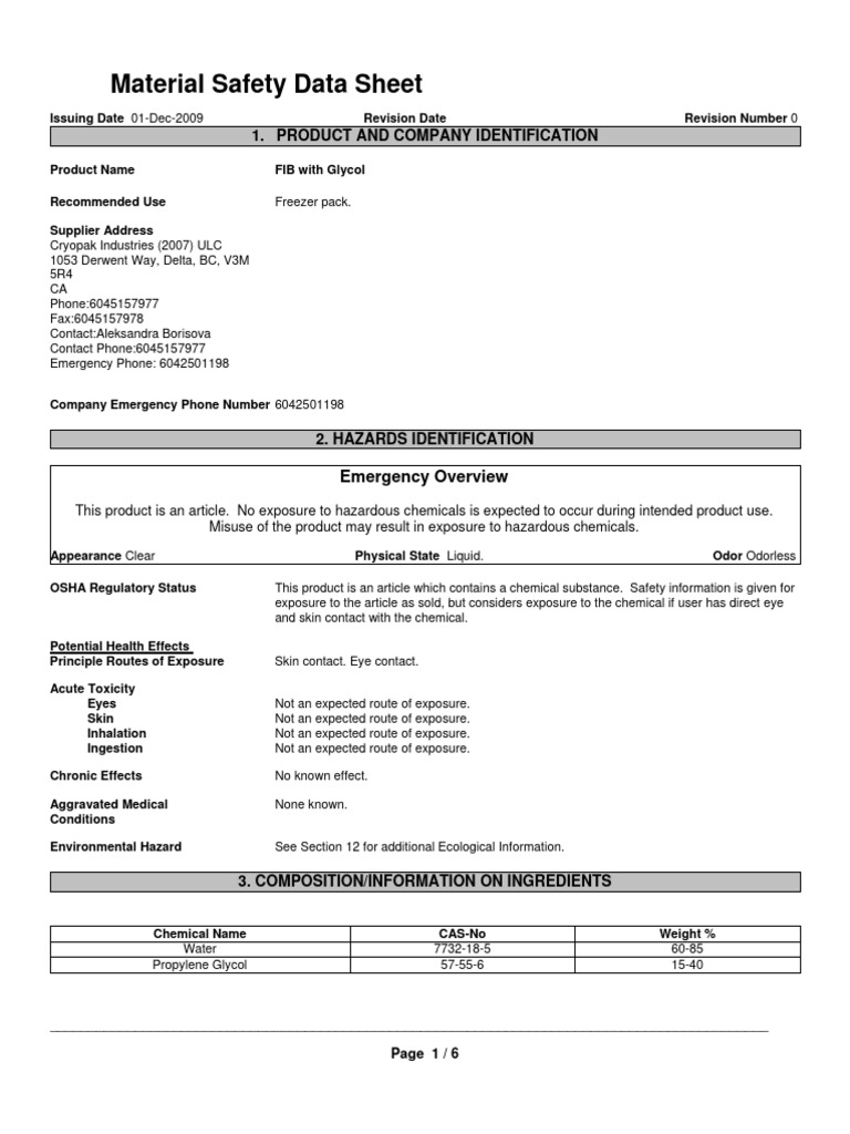 Gel Pack - MSDS FIB With Glycol 20 | PDF | Personal Protective Equipment | Hazardous Waste