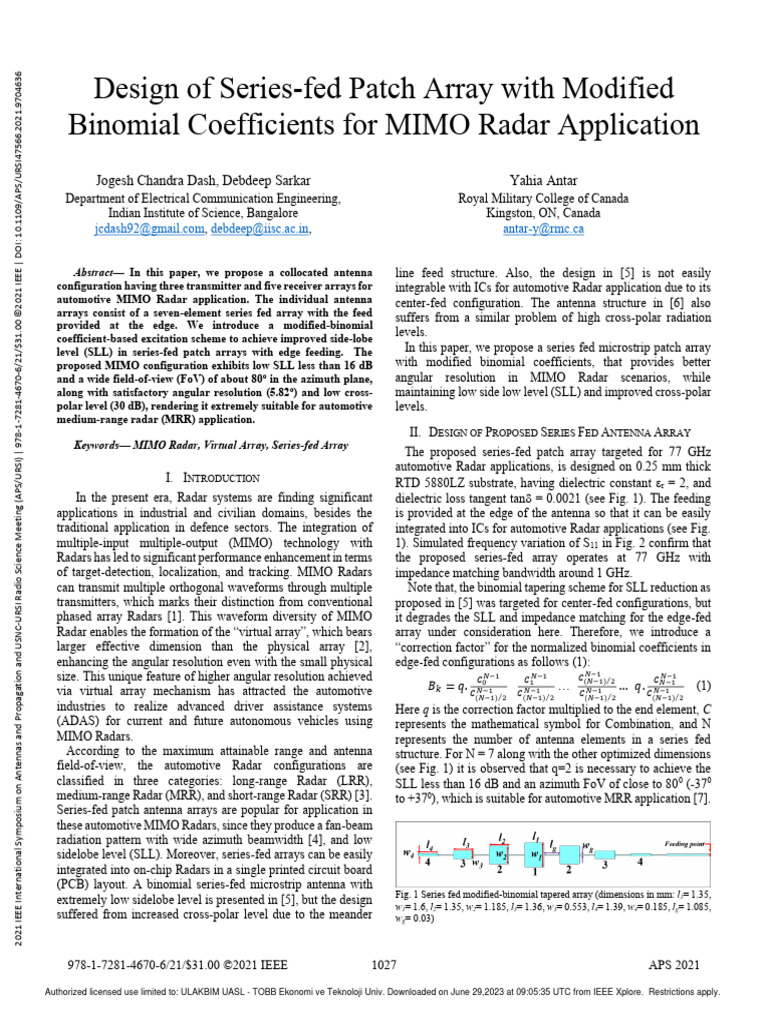 Design of Series - Fed Patch Array With Modified Binomial Coefficients For MIMO Radar ...