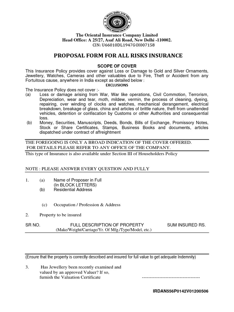 All Risk Proposal Form | PDF | Insurance | Real Estate Appraisal