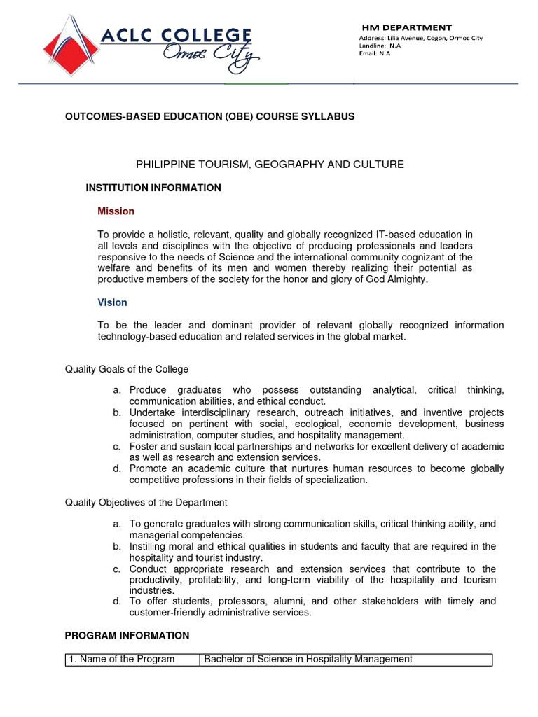 OBE Syllabus-Philippine Tourism | PDF | Mindanao | Information