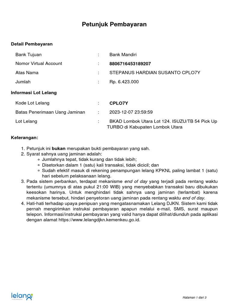 Petunjuk Pembayaran Uang Jaminan Lelang | PDF