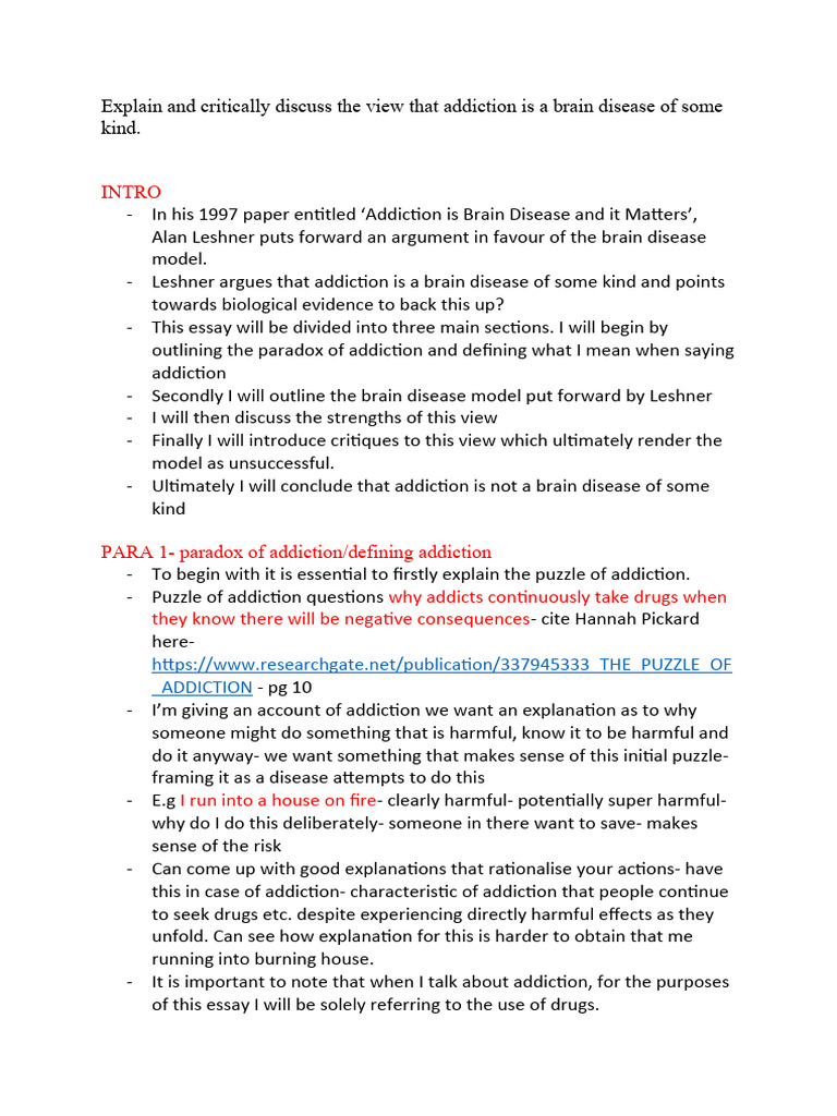 Addiction Detailed Essay Plan | PDF | Dopamine | Neuroscience