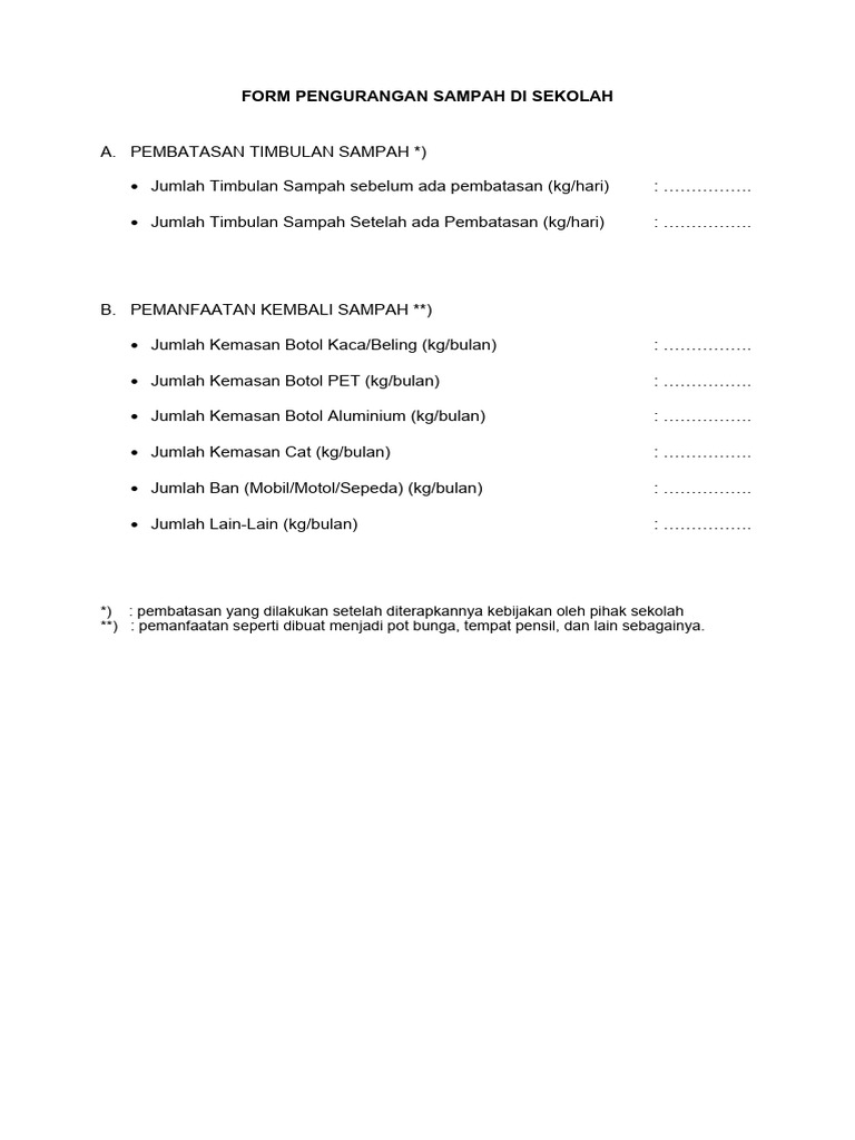 Form Pengurangan Sampah Di Sekolah (Isian Sipsn) - 102944 | PDF