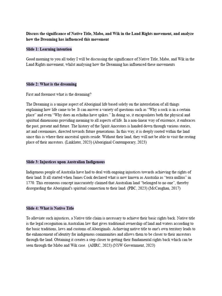 Script For Discuss The Significance of Native Title, Mabo, and Wik in ...
