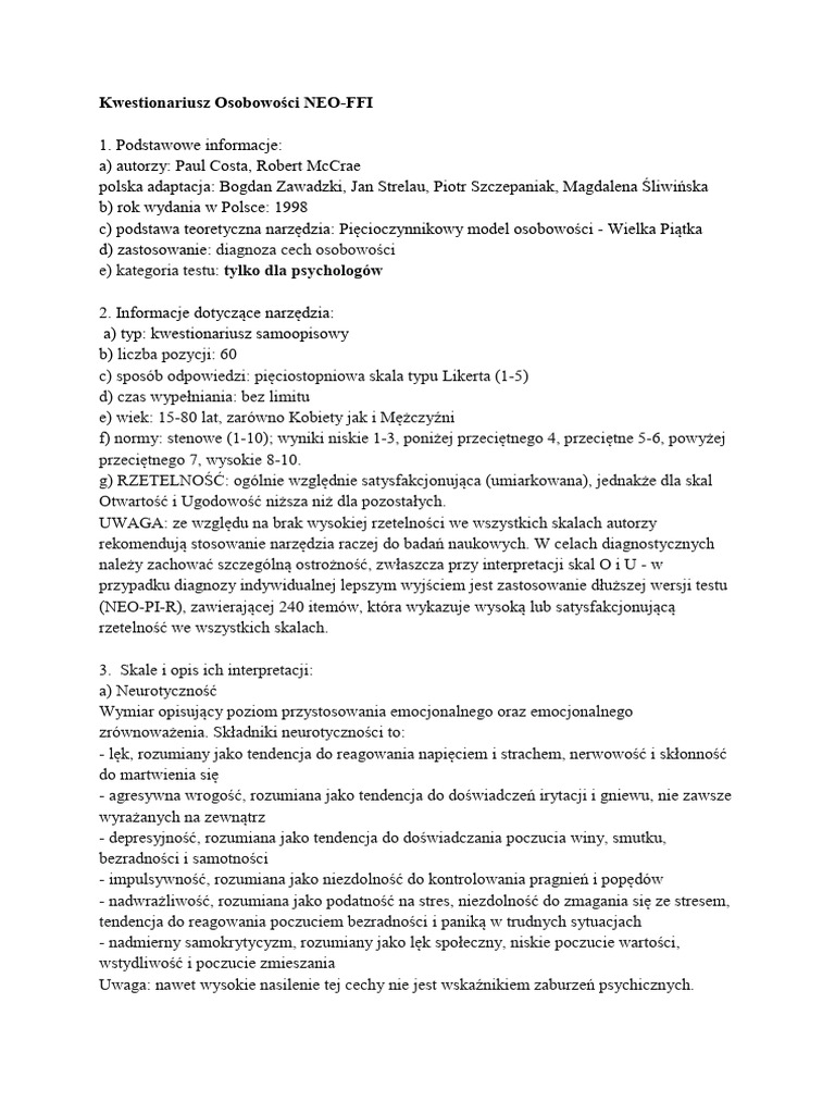 NEO-FFI Kwestionariusz Osobowości | PDF