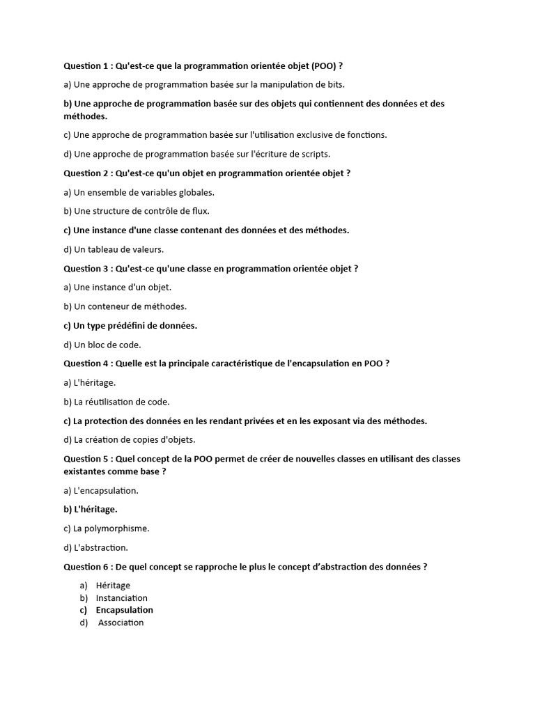 Quiz sur la Programmation Orientée Objet | PDF | Classe (informatique) | Programmation orientée ...