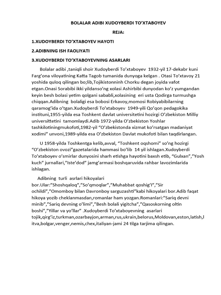 Bolalar Adibi Xudoyberdi To | PDF