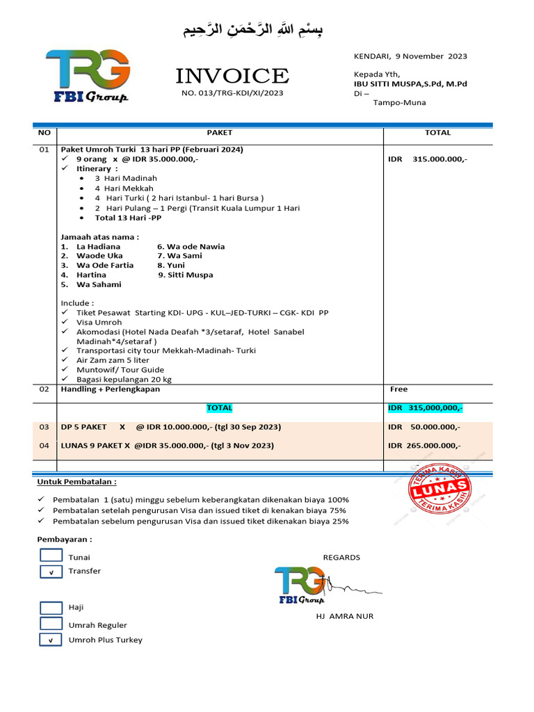 Invoice Umroh + Turki Grup Ibu Muspa | PDF