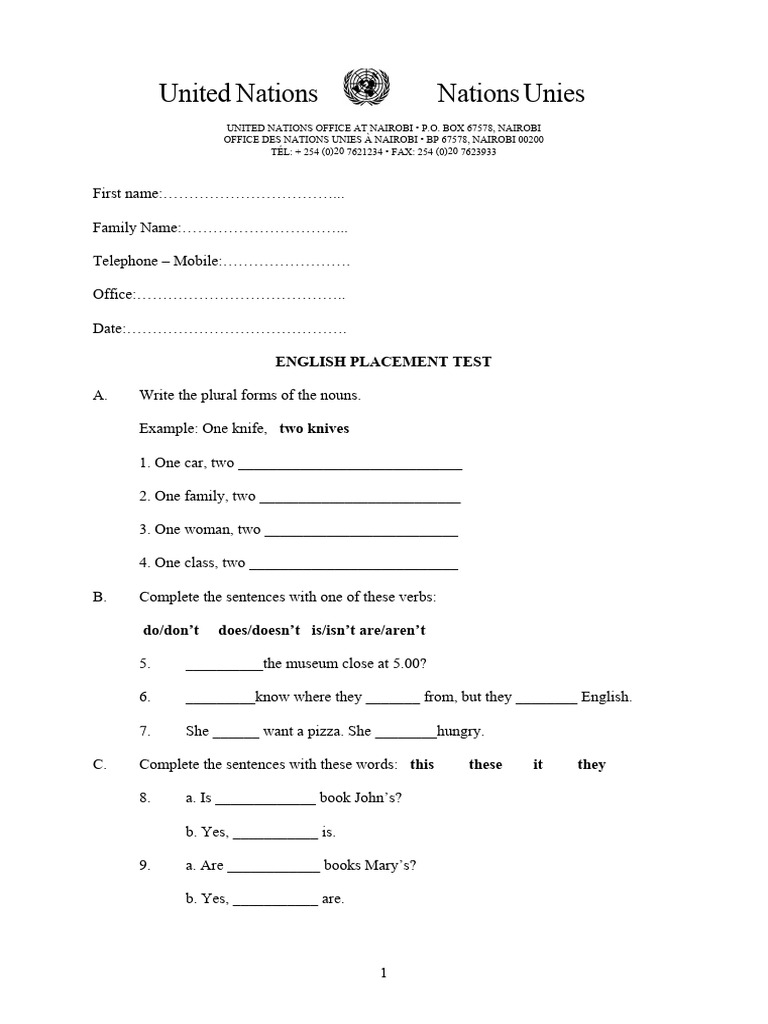 English Placement Test | PDF | Adjective | Verb