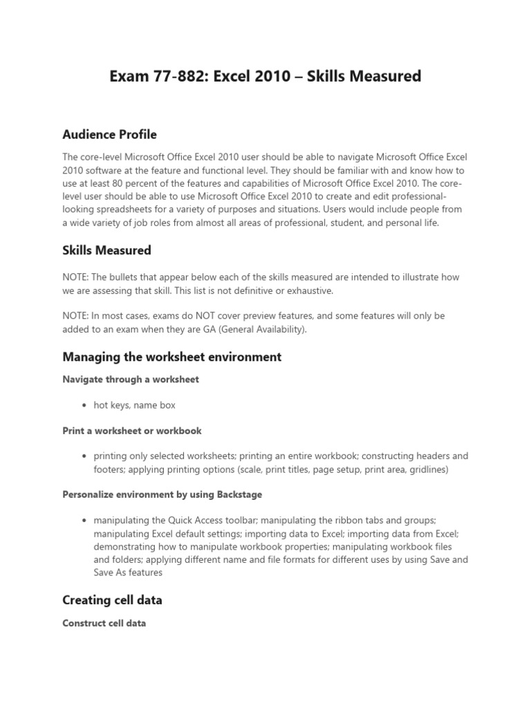 Exam 77 882 Excel 2010 Skills Measured | PDF | Microsoft Excel ...