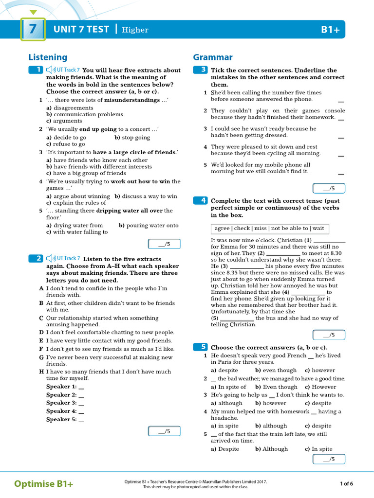 OPT B1plus Unit Test 7 Higher | PDF