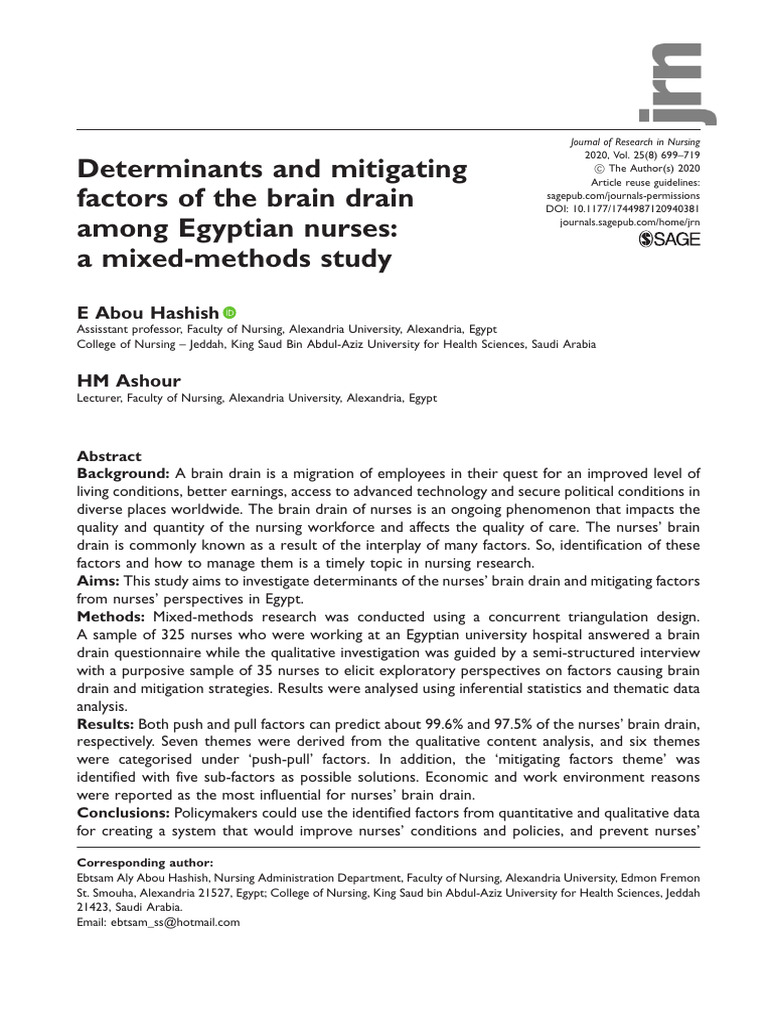 Determinants and Mitigating Factors of The Brain Drain Among Egyptian Nurses A Mixed-Methods ...