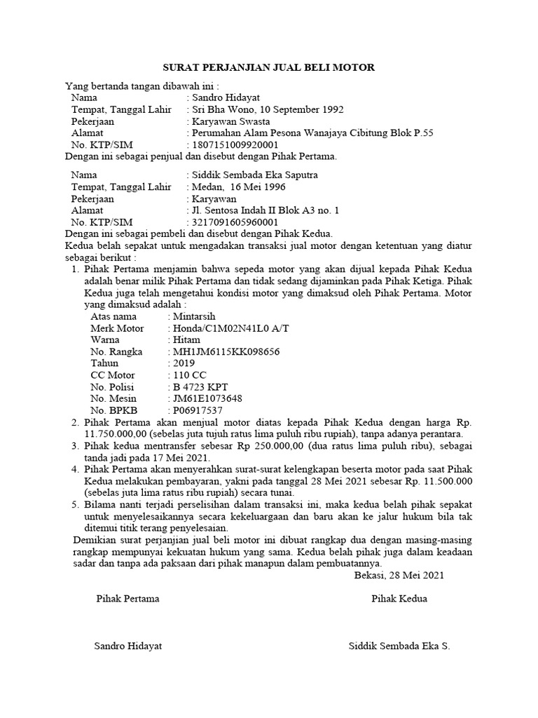 Contoh Surat Jual Beli Motor | PDF