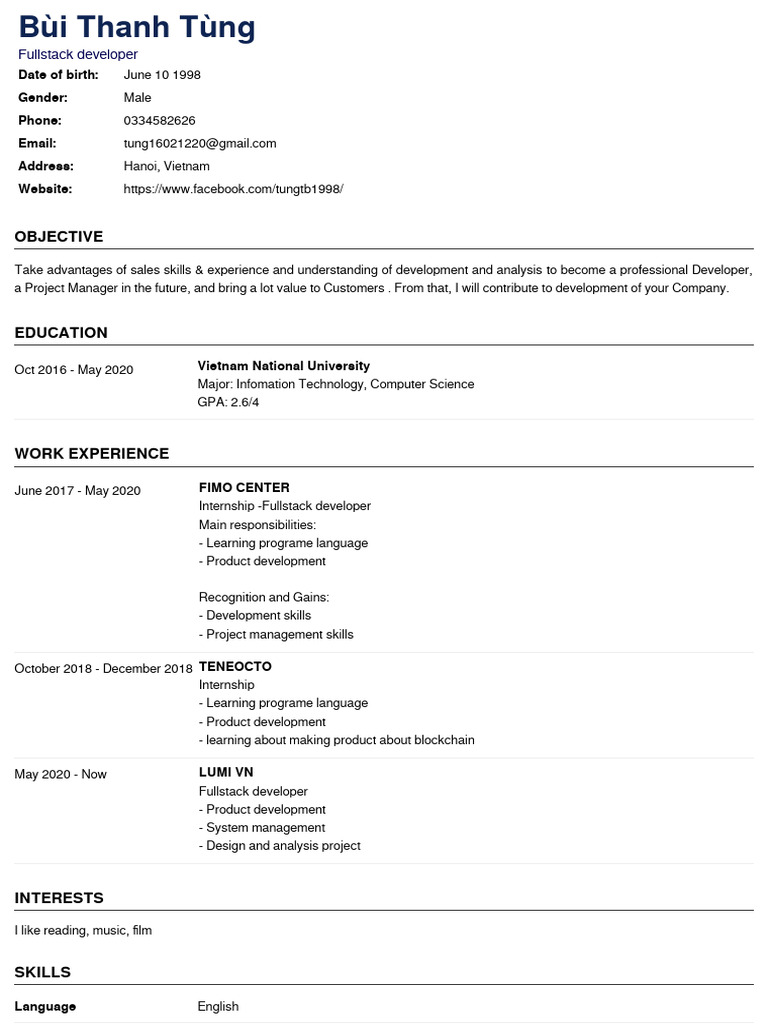 Fullstack Developer Profile - Hanoi | PDF | Computing | Computer Science