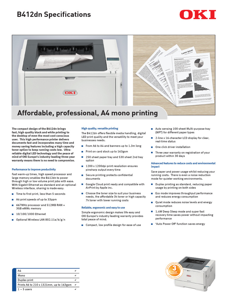 B412dn Specification Sheet EN v2 tcm88-33063 | PDF | Printer (Computing) | Office Equipment