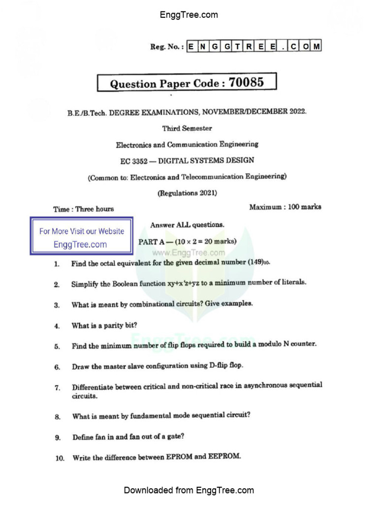 EC3352 Digital Systems Design Nov Dec 2022 Question Paper Download | PDF | Games & Activities