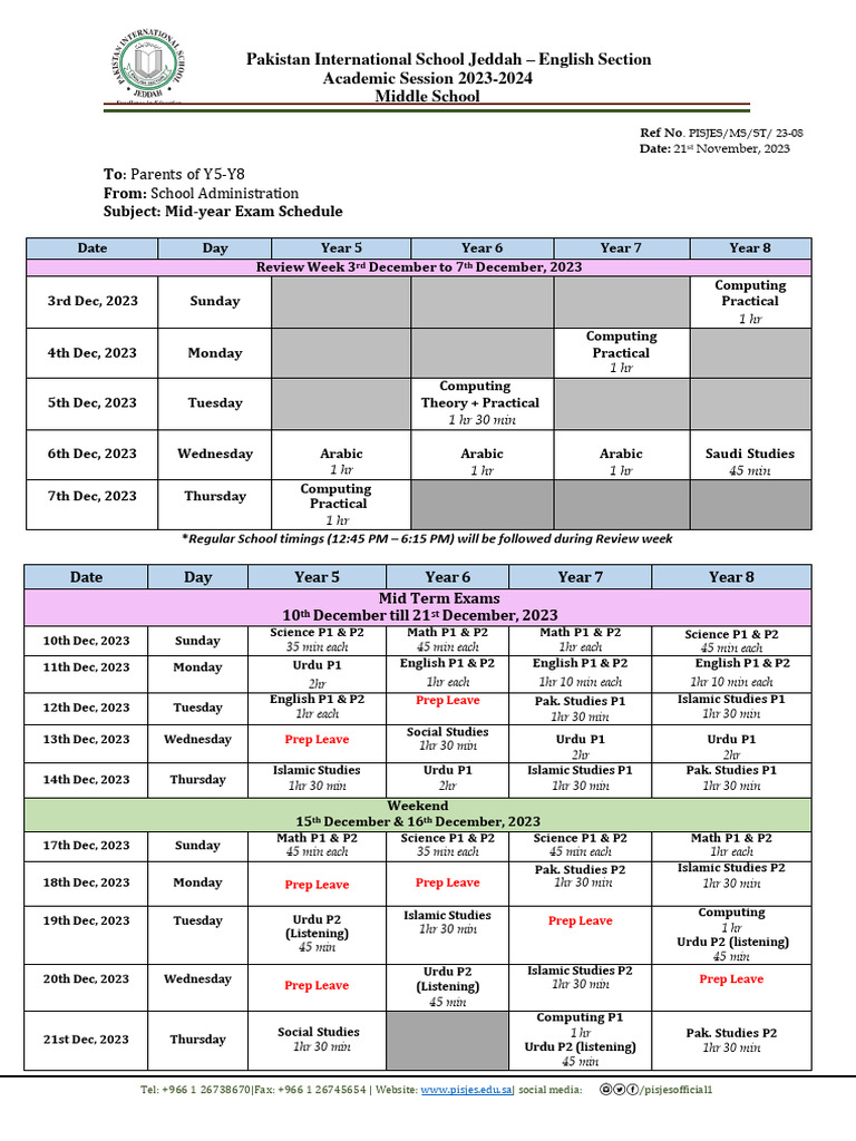 Y5-Y8-Mid Year Exam Schedule 23-24 | PDF