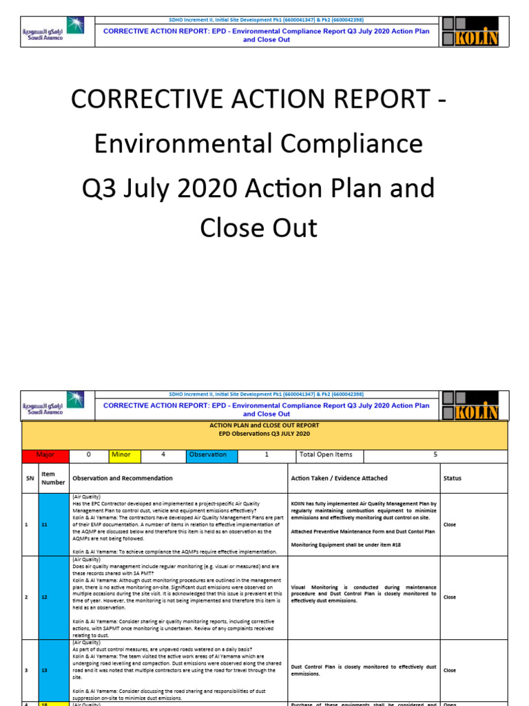 Action Plan and Close Out Report - For Environmental Compliance Q3 July ...