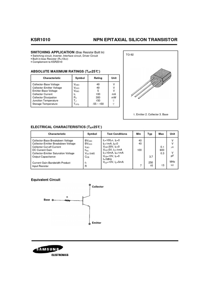 KSR 1010 | PDF | Bipolar Junction Transistor | Electrical Circuits