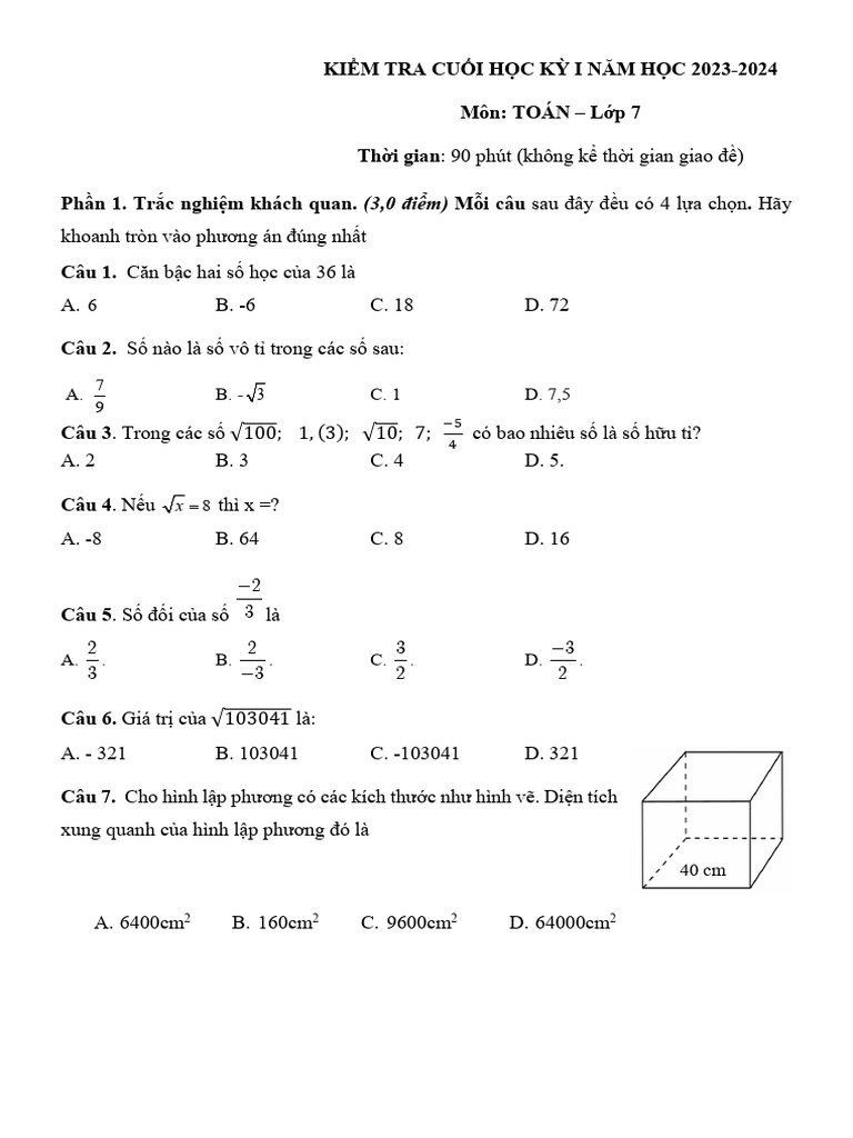 Bo de Tham Khao Cuoi Ki 1 Toan 7 Nam 2023 2024 Phong GDDT Binh Chanh TP HCM | PDF