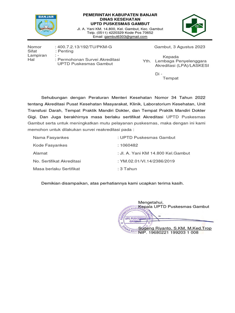 Surat Permohonan Fasyankes Untuk Dilakukan Survei Akreditasi | PDF