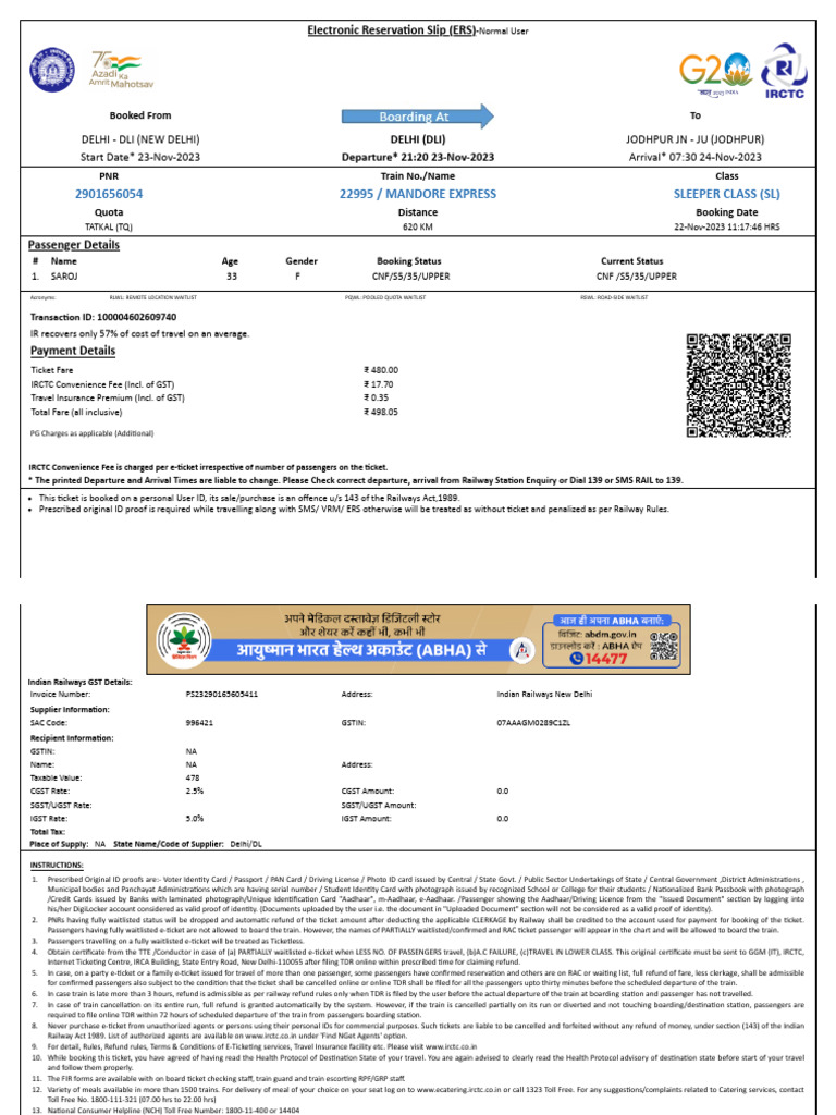 Mandore Express Sleeper Class (SL) : Electronic Reserva On Slip (ERS ...