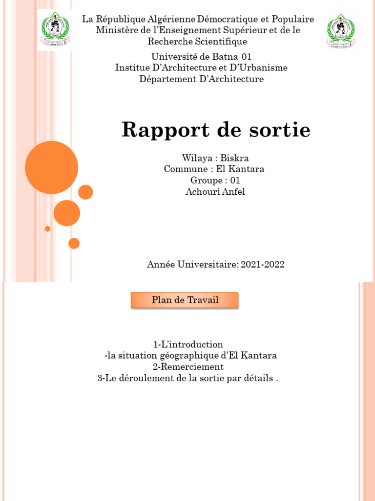 Rapport de sortie à El Kantara, Biskra | PDF | Algérie