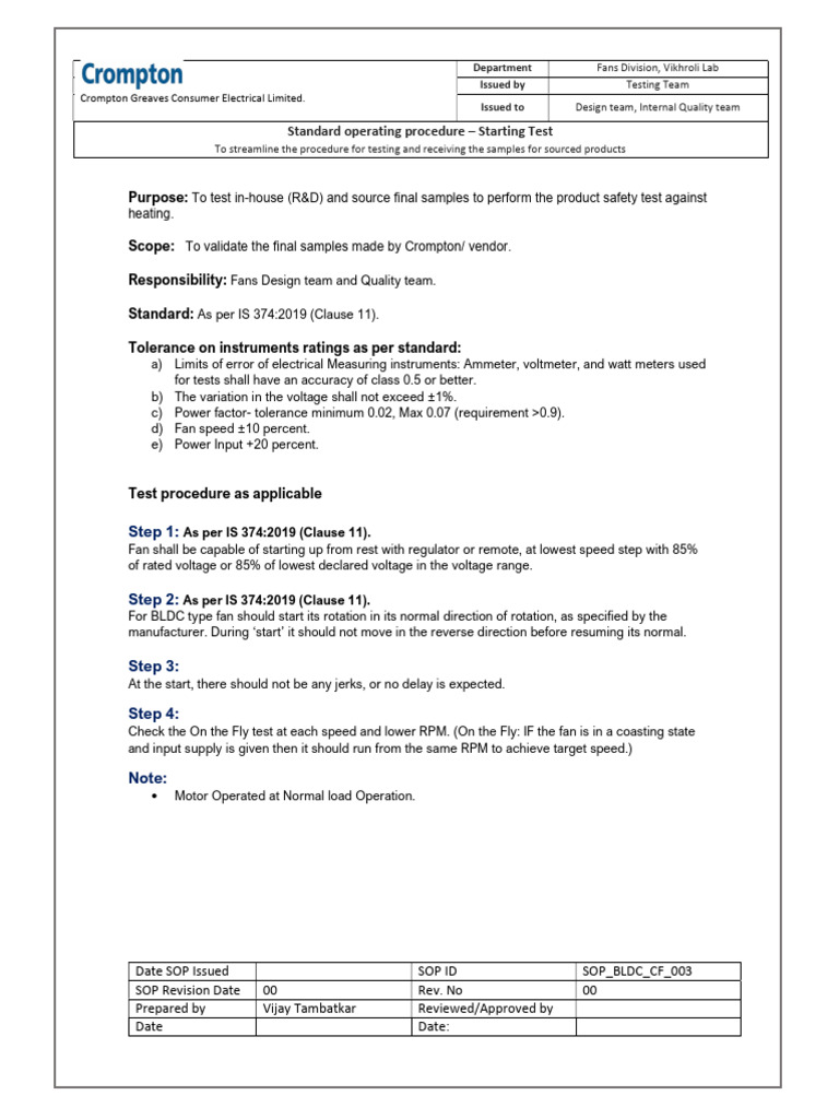 SOP - BLDC CF - Starting Test | PDF | Physical Quantities | Equipment
