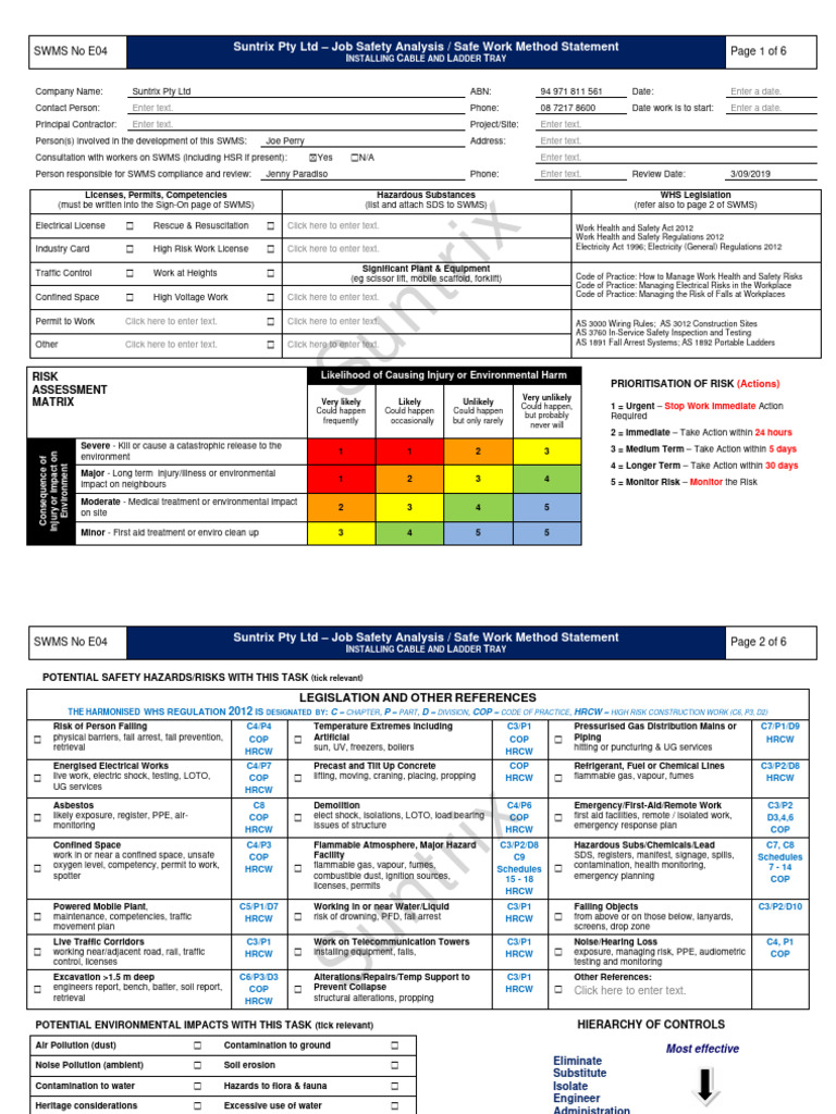 SWMS E04 Installing Cable and Ladder Tray | PDF | Risk | Occupational ...