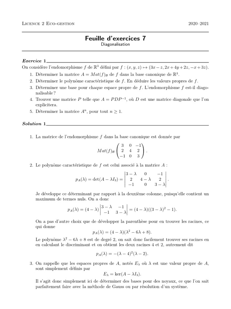 Feuille 7 Diagonalisation SEG Avec Corrig S | PDF | Valeur propre, vecteur propre et espace ...