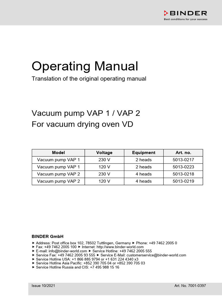 VAP 1 / VAP 2 Vacuum Pump Manual | PDF | Safety