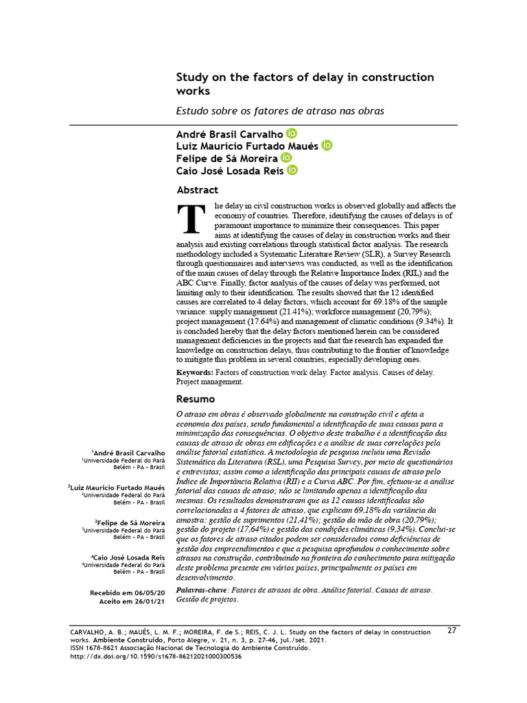 Study On The Factors of Delay in Construction Works: Estudo Sobre Os Fatores de Atraso Nas Obras ...