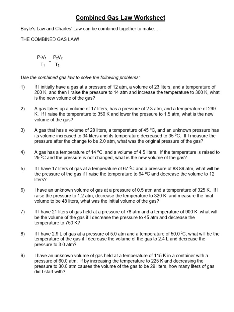 Gas Laws Combined Gas Law Worksheet | PDF | Gases | Temperature