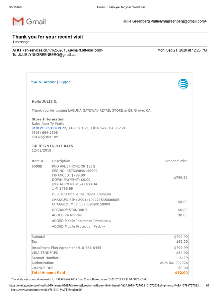 AT T Receipt | PDF | At&T | Receipt