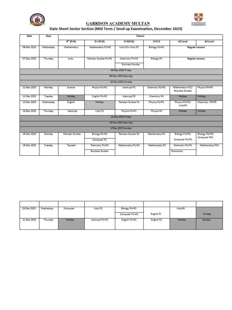 Mid Term Exams, 2023 Updated Date Sheet | PDF