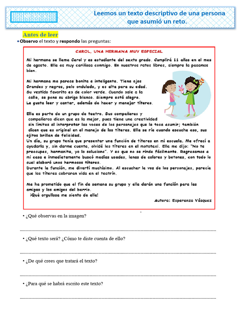 D1 A1 Ficha Com Leemos Un Texto Descriptivo De Una Persona Que Asumió
